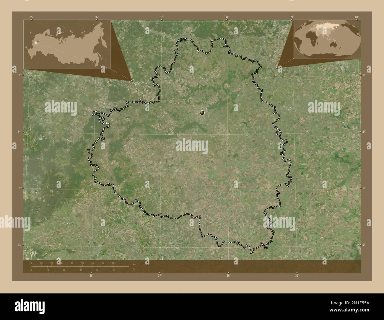 Tula, region of Russia. Low resolution satellite map. Corner auxiliary ...