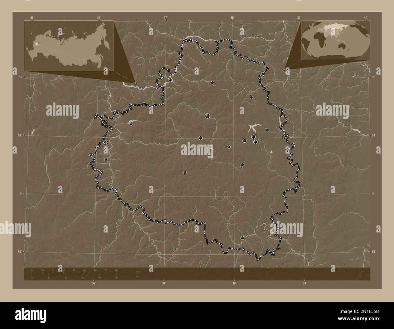 Tula, region of Russia. Elevation map colored in sepia tones with lakes ...