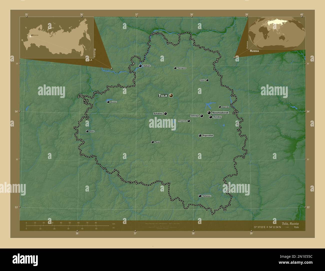 Tula, region of Russia. Colored elevation map with lakes and rivers ...