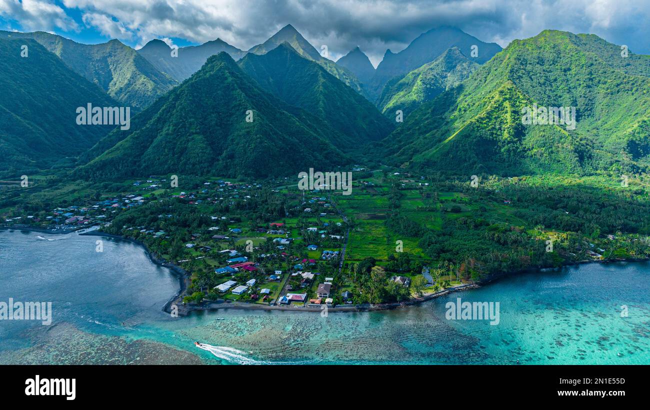 Aerial of Tahiti Iti and its lagoon, Society Islands, French Polynesia ...