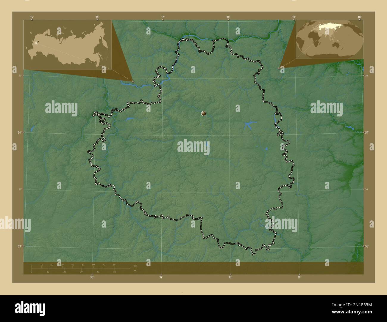 Tula, region of Russia. Colored elevation map with lakes and rivers ...