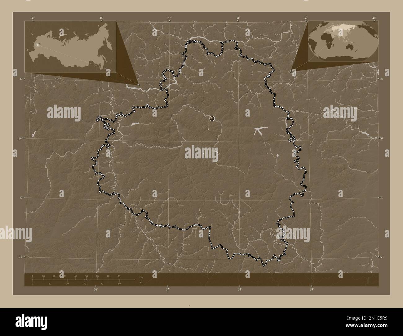 Tula, region of Russia. Elevation map colored in sepia tones with lakes ...