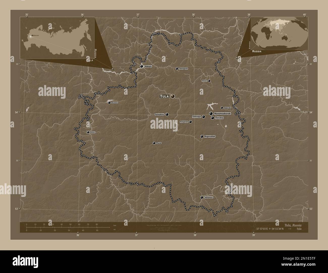 Tula, region of Russia. Elevation map colored in sepia tones with lakes ...