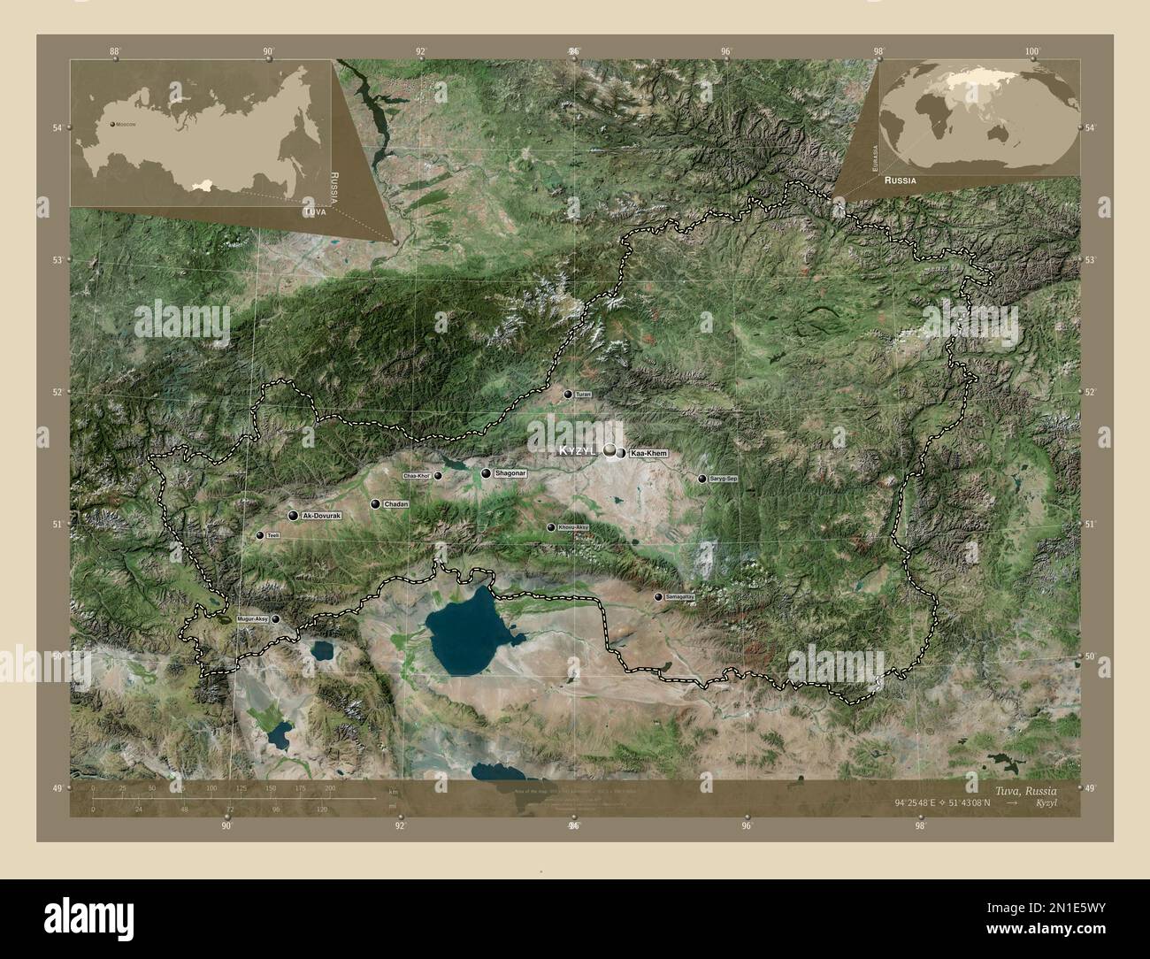 Tuva, republic of Russia. High resolution satellite map. Locations and ...