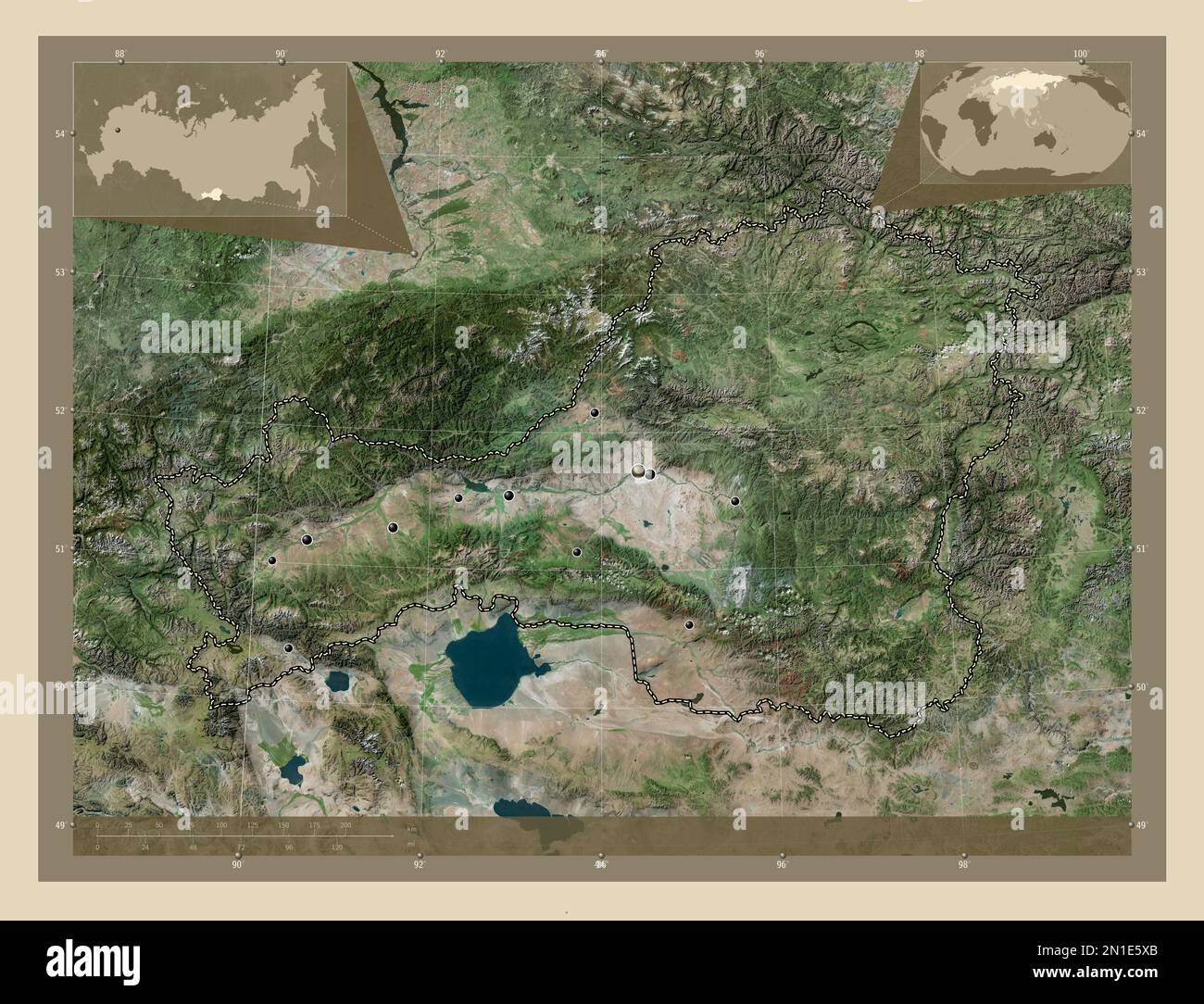 Tuva, republic of Russia. High resolution satellite map. Locations of ...