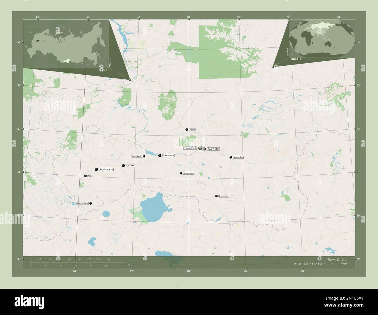 Tuva, republic of Russia. Open Street Map. Locations and names of major ...