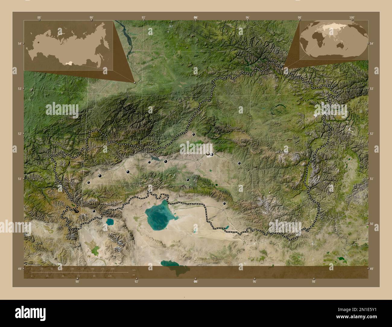 Tuva, republic of Russia. Low resolution satellite map. Locations of ...