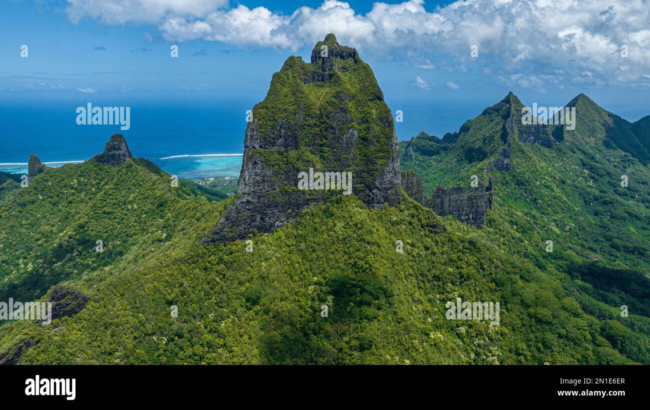 Aerial of the rugged peaks of Moorea (Mo'orea), Society Islands, French ...