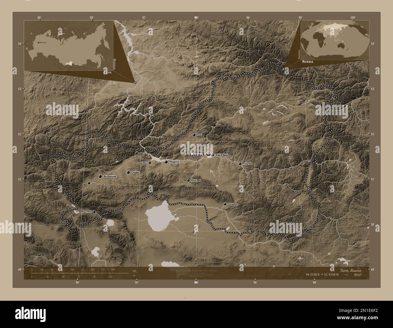 Tuva, republic of Russia. Elevation map colored in sepia tones with ...