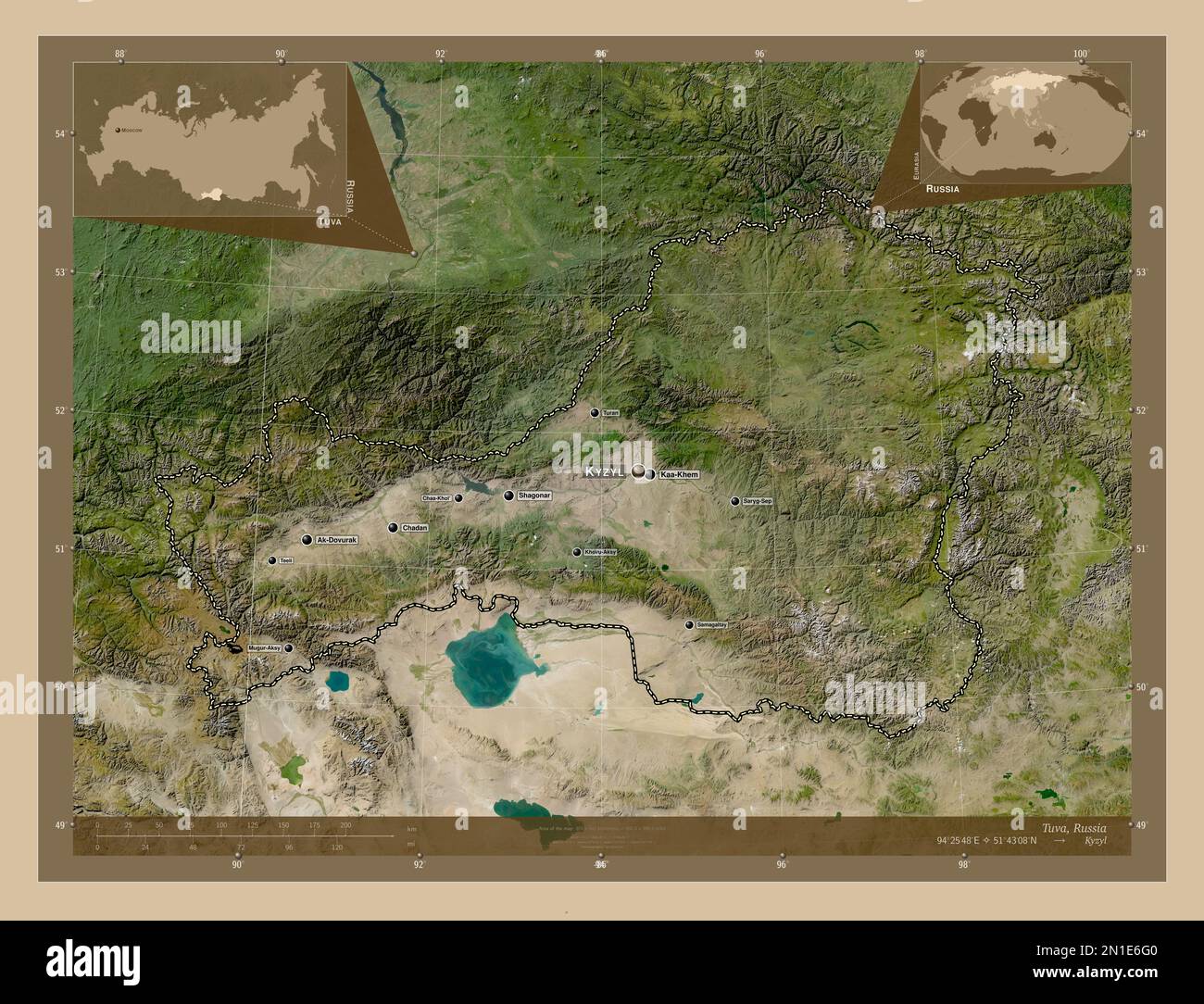 Tuva, republic of Russia. Low resolution satellite map. Locations and ...