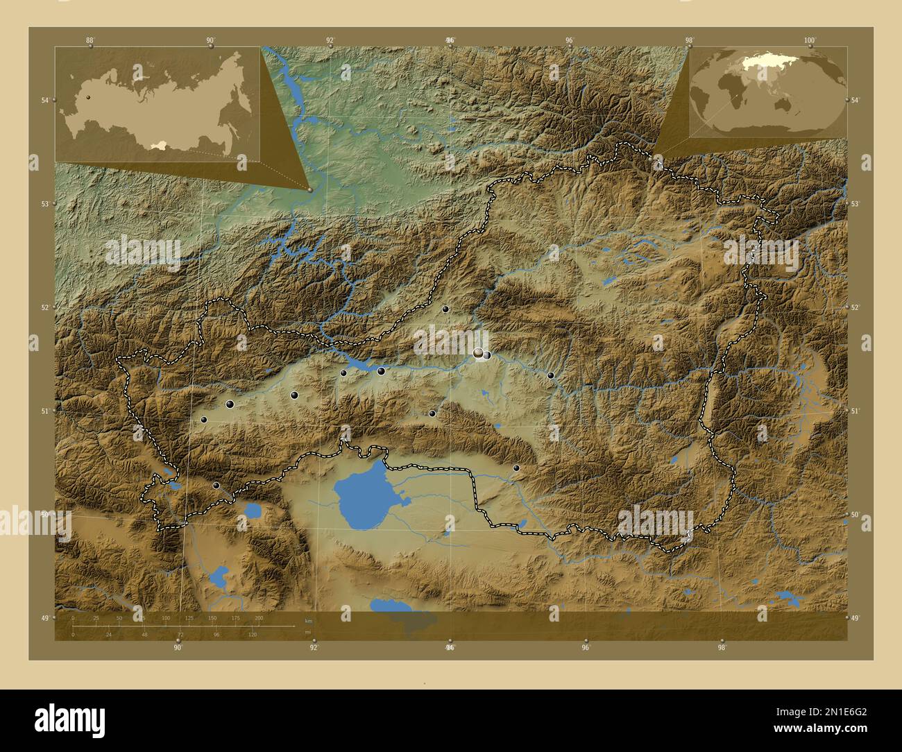 Tuva, republic of Russia. Colored elevation map with lakes and rivers ...