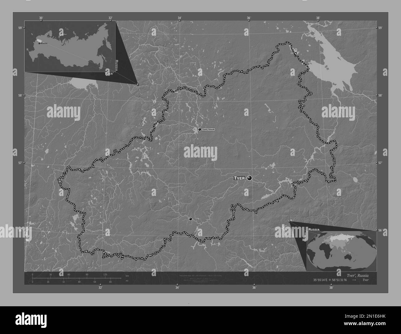 Tver', region of Russia. Bilevel elevation map with lakes and rivers ...