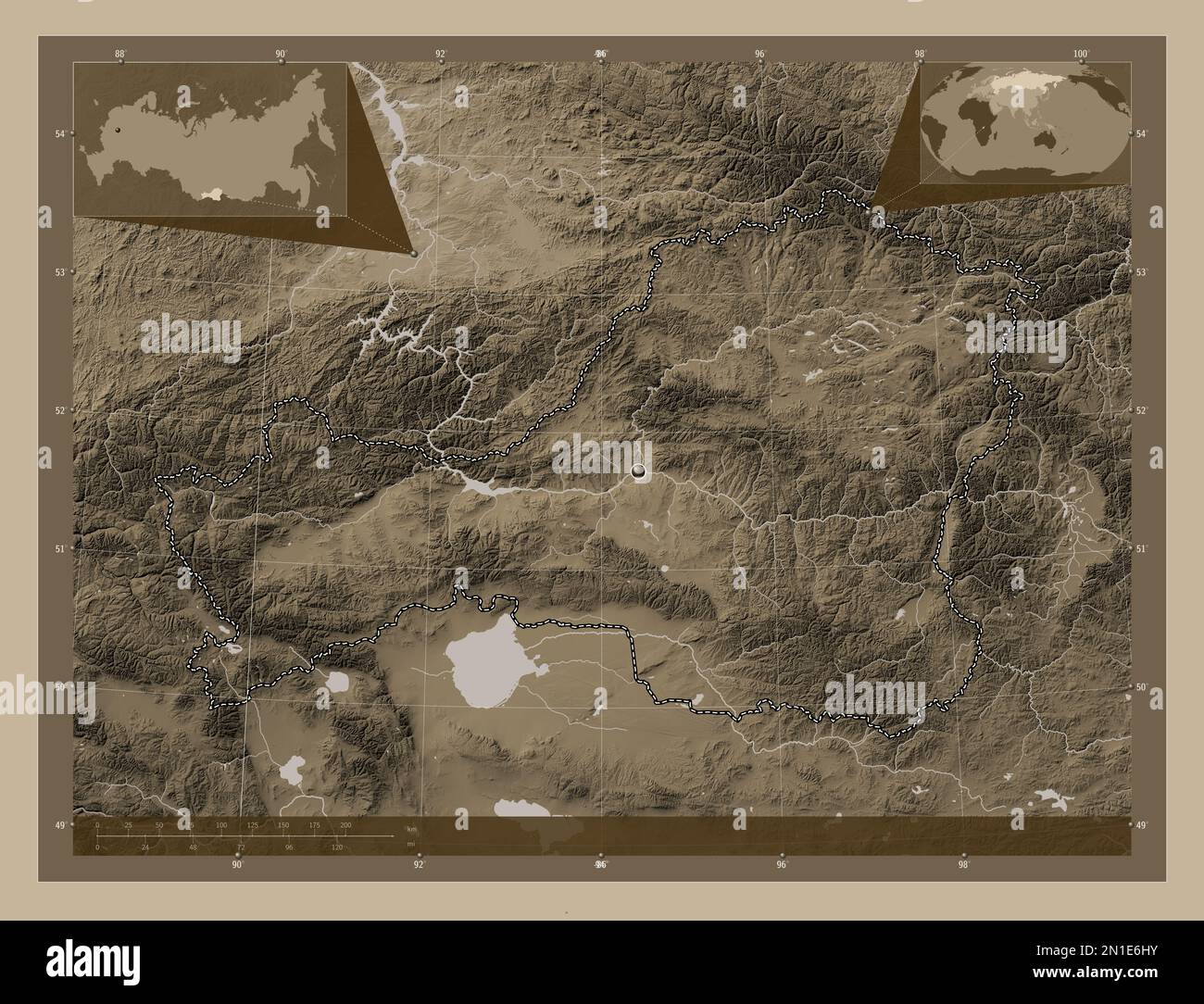 Tuva, republic of Russia. Elevation map colored in sepia tones with ...