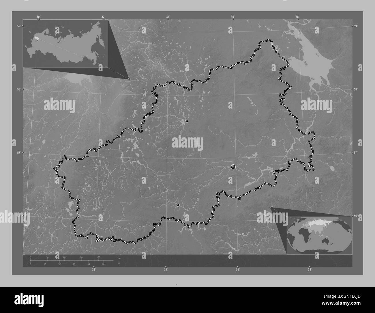 Tver', region of Russia. Grayscale elevation map with lakes and rivers ...