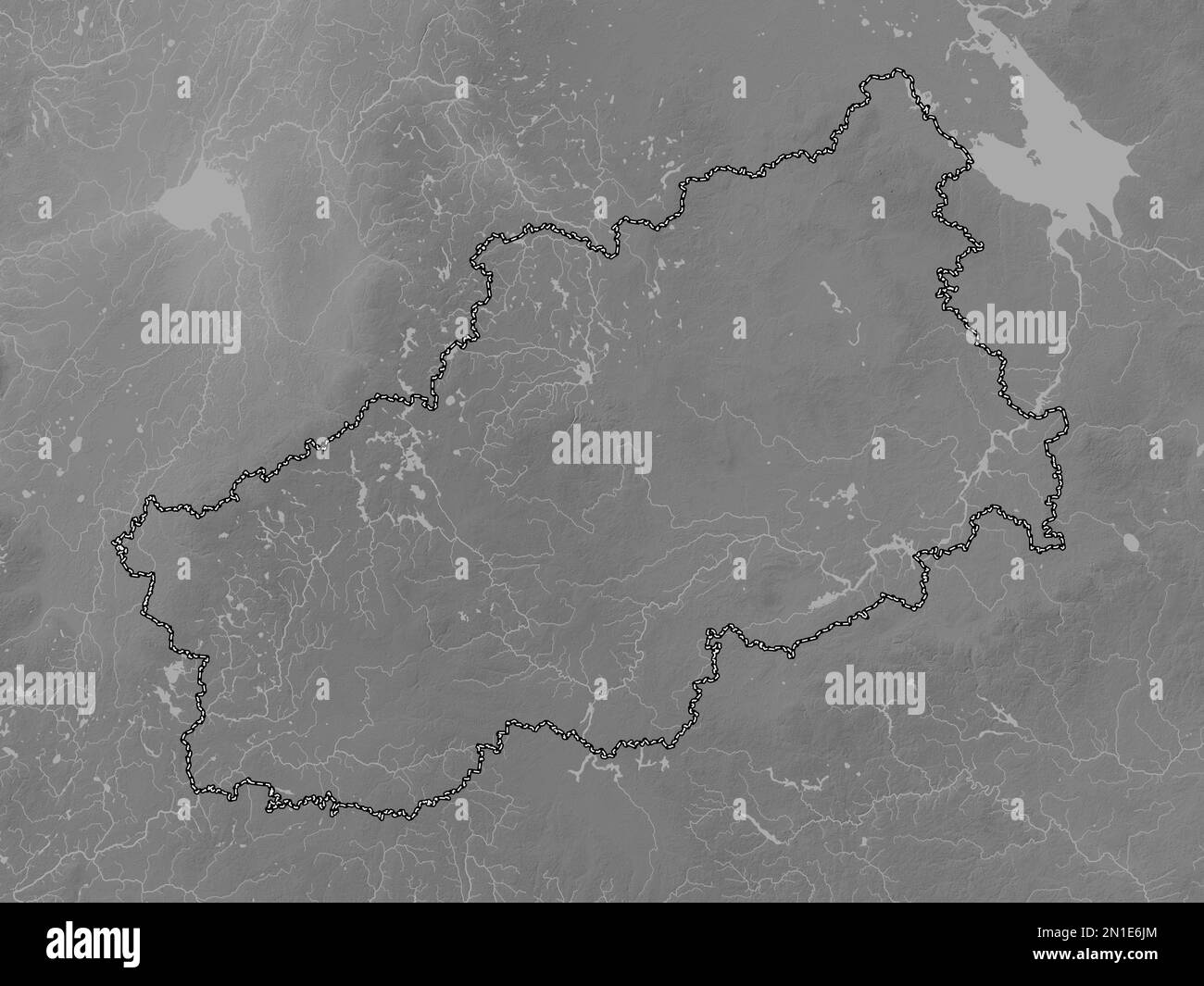 Tver', region of Russia. Grayscale elevation map with lakes and rivers ...