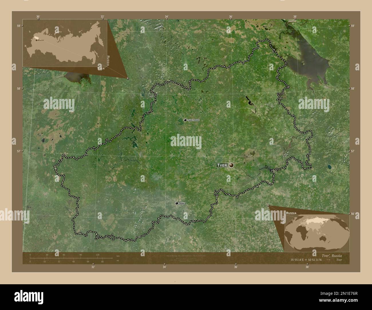 Tver', region of Russia. Low resolution satellite map. Locations and names of major cities of ...