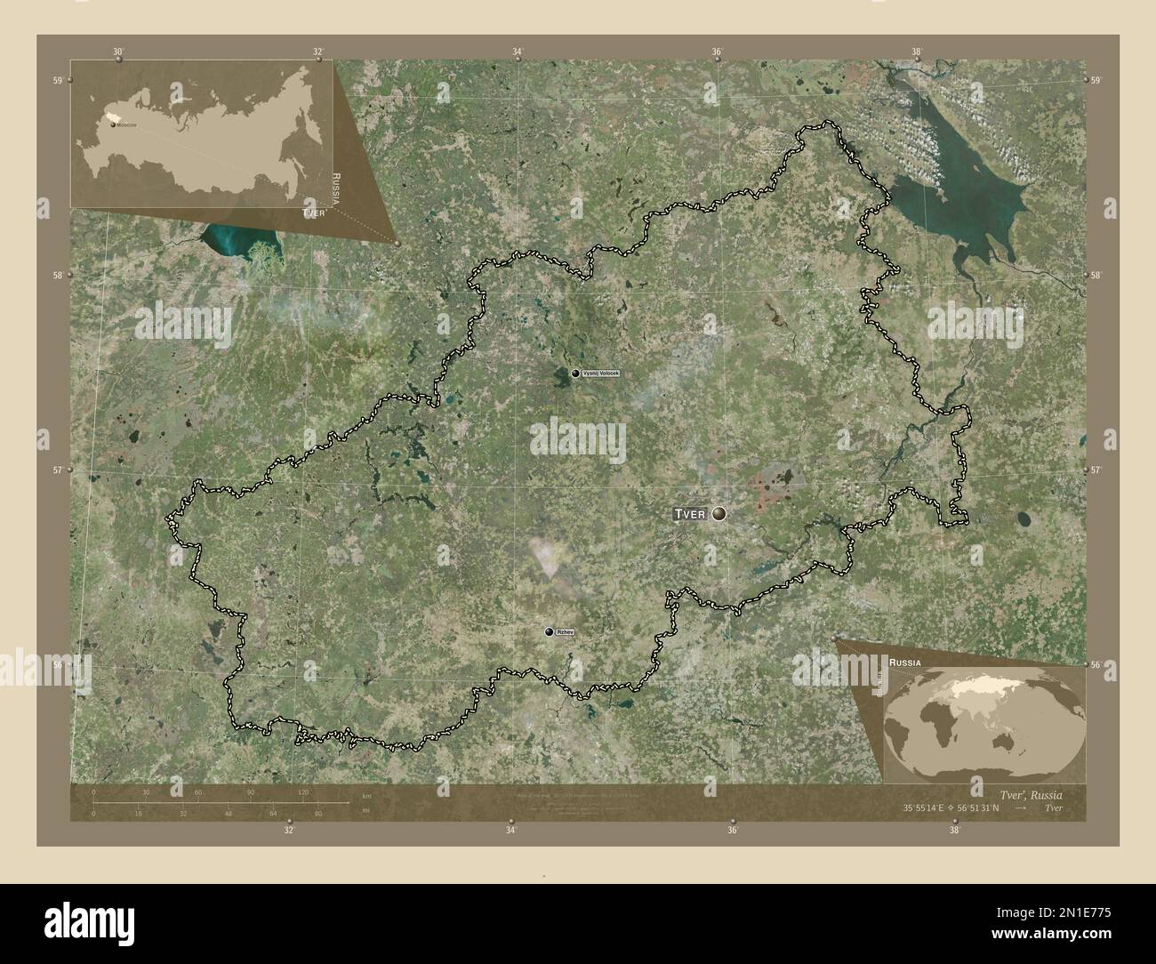 Tver', region of Russia. High resolution satellite map. Locations and ...