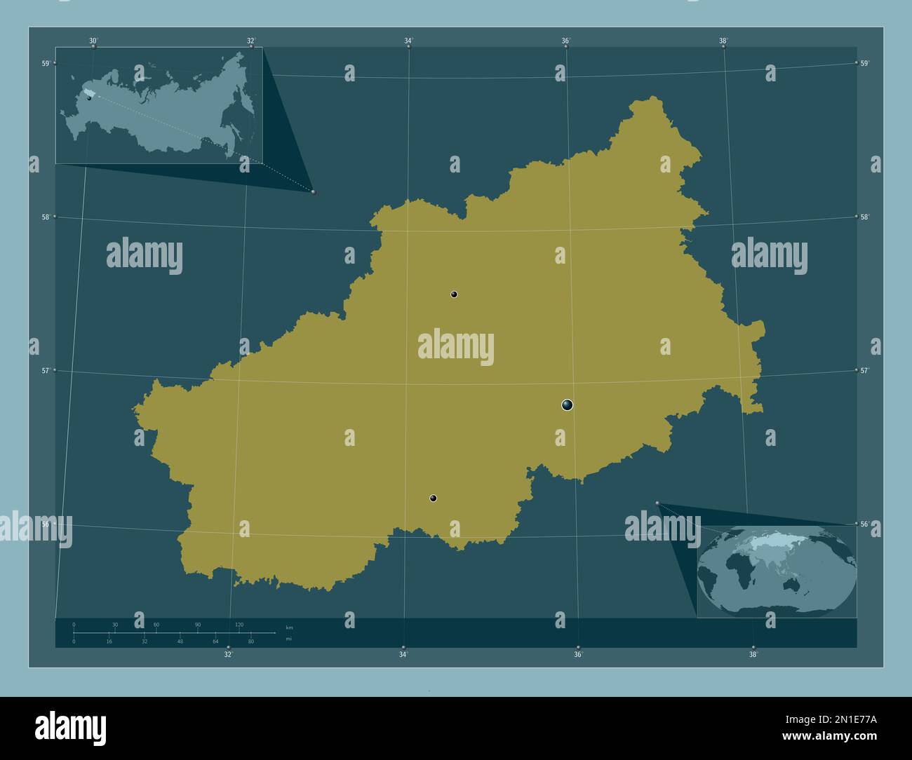 Tver', region of Russia. Solid color shape. Locations of major cities ...