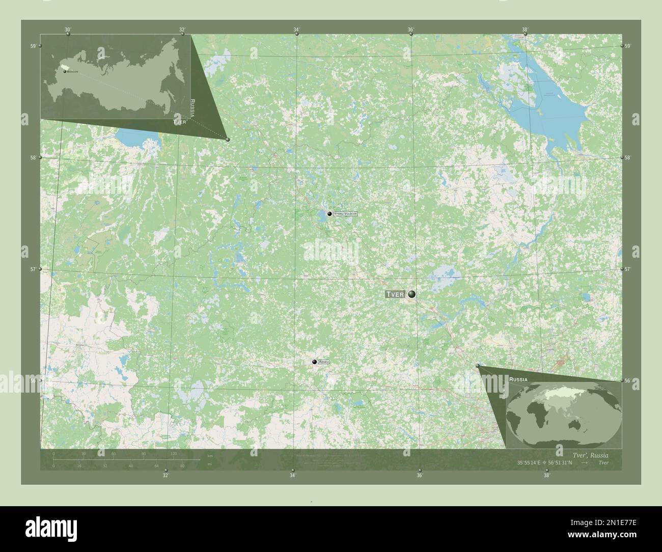 Tver', region of Russia. Open Street Map. Locations and names of major ...