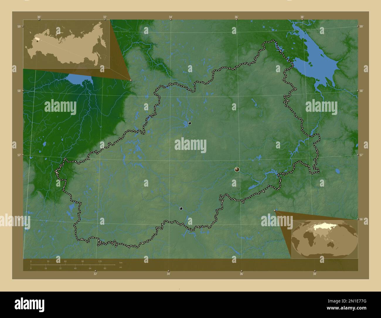 Tver', region of Russia. Colored elevation map with lakes and rivers. Locations of major cities ...