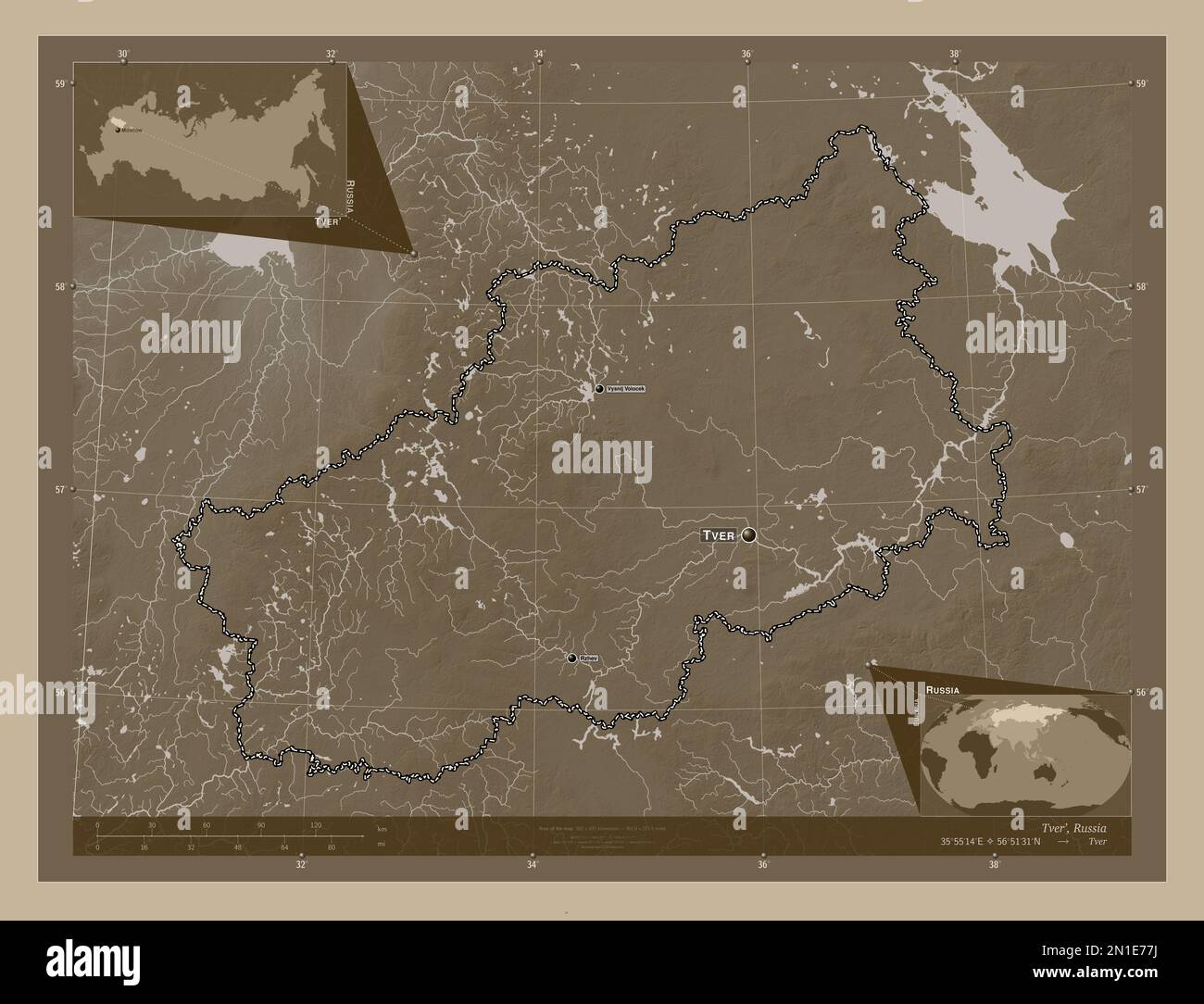 Tver', region of Russia. Elevation map colored in sepia tones with lakes and rivers. Locations ...
