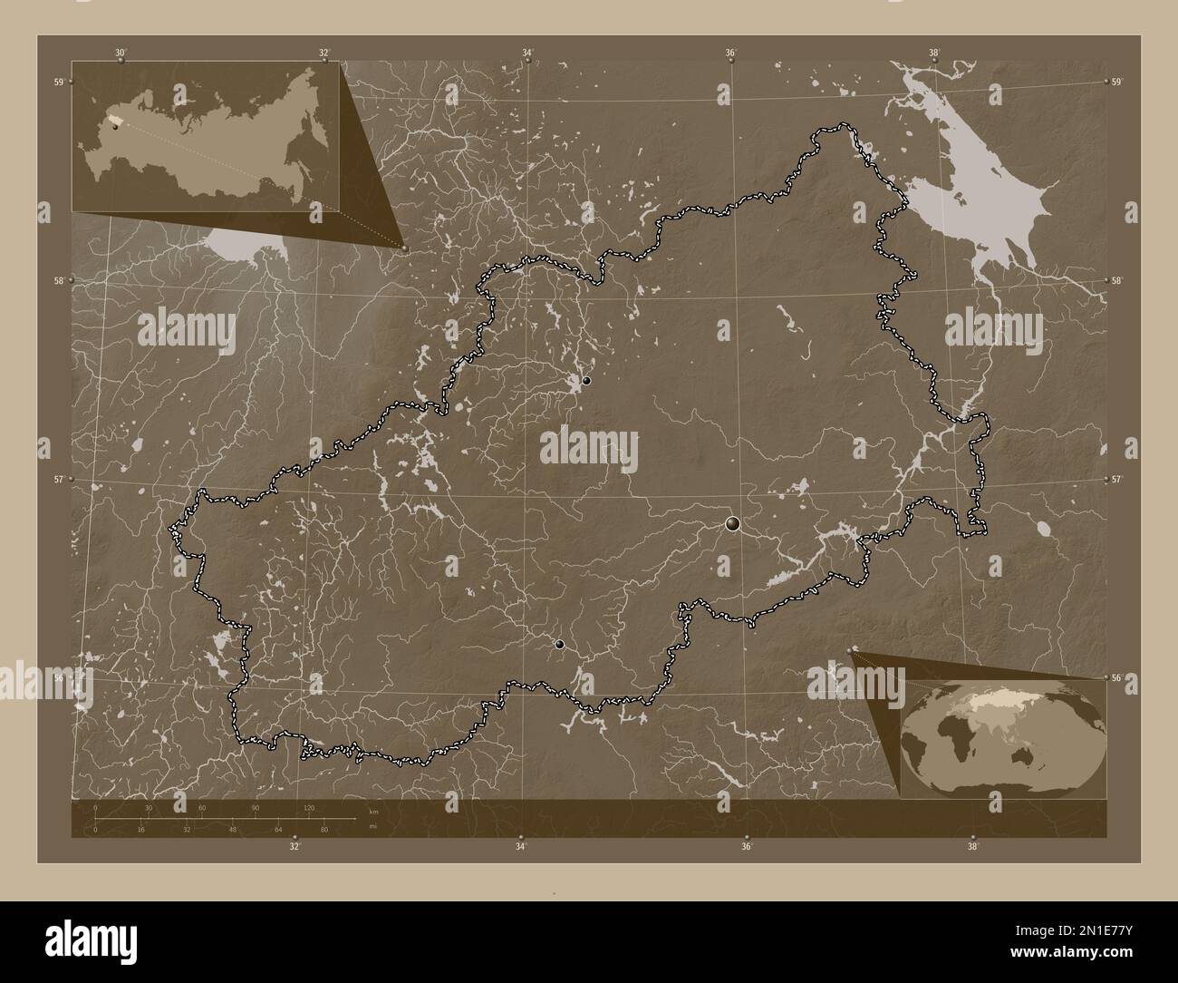 Tver', region of Russia. Elevation map colored in sepia tones with ...