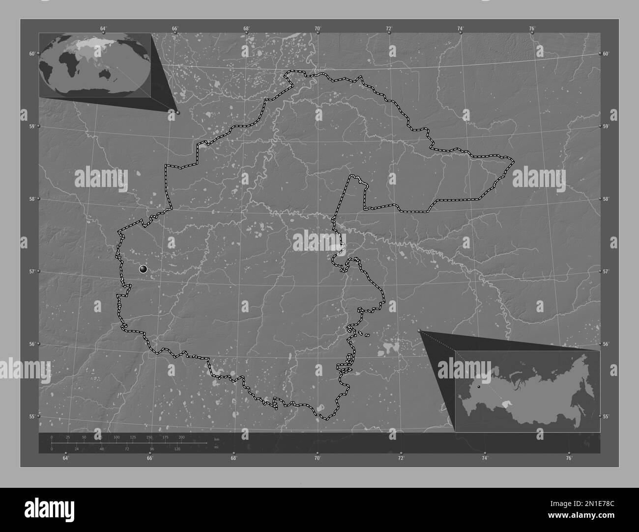 Tyumen', region of Russia. Bilevel elevation map with lakes and rivers ...
