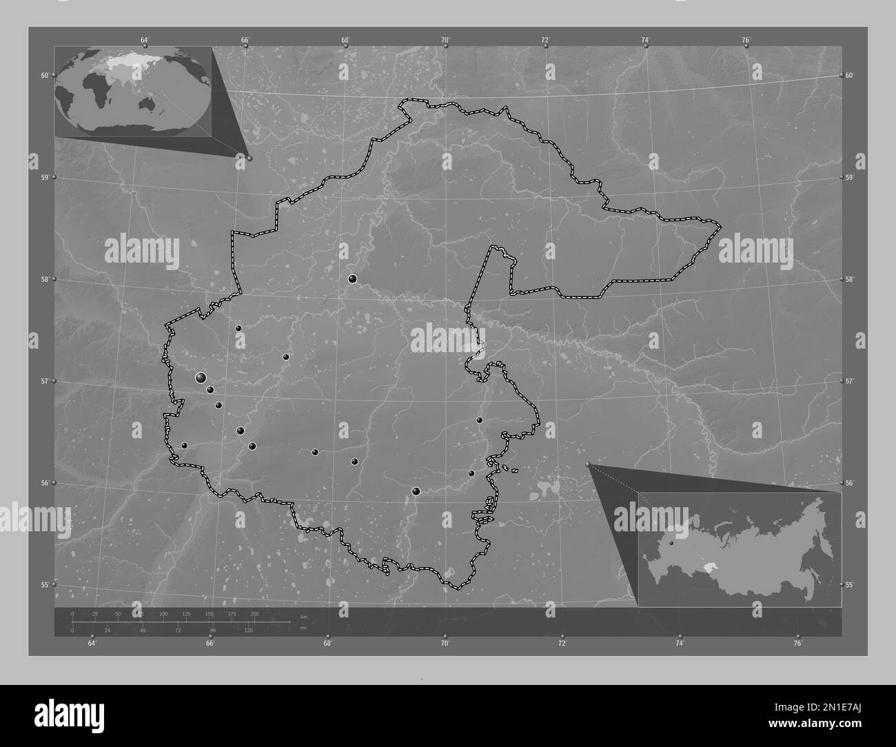Tyumen', region of Russia. Grayscale elevation map with lakes and ...