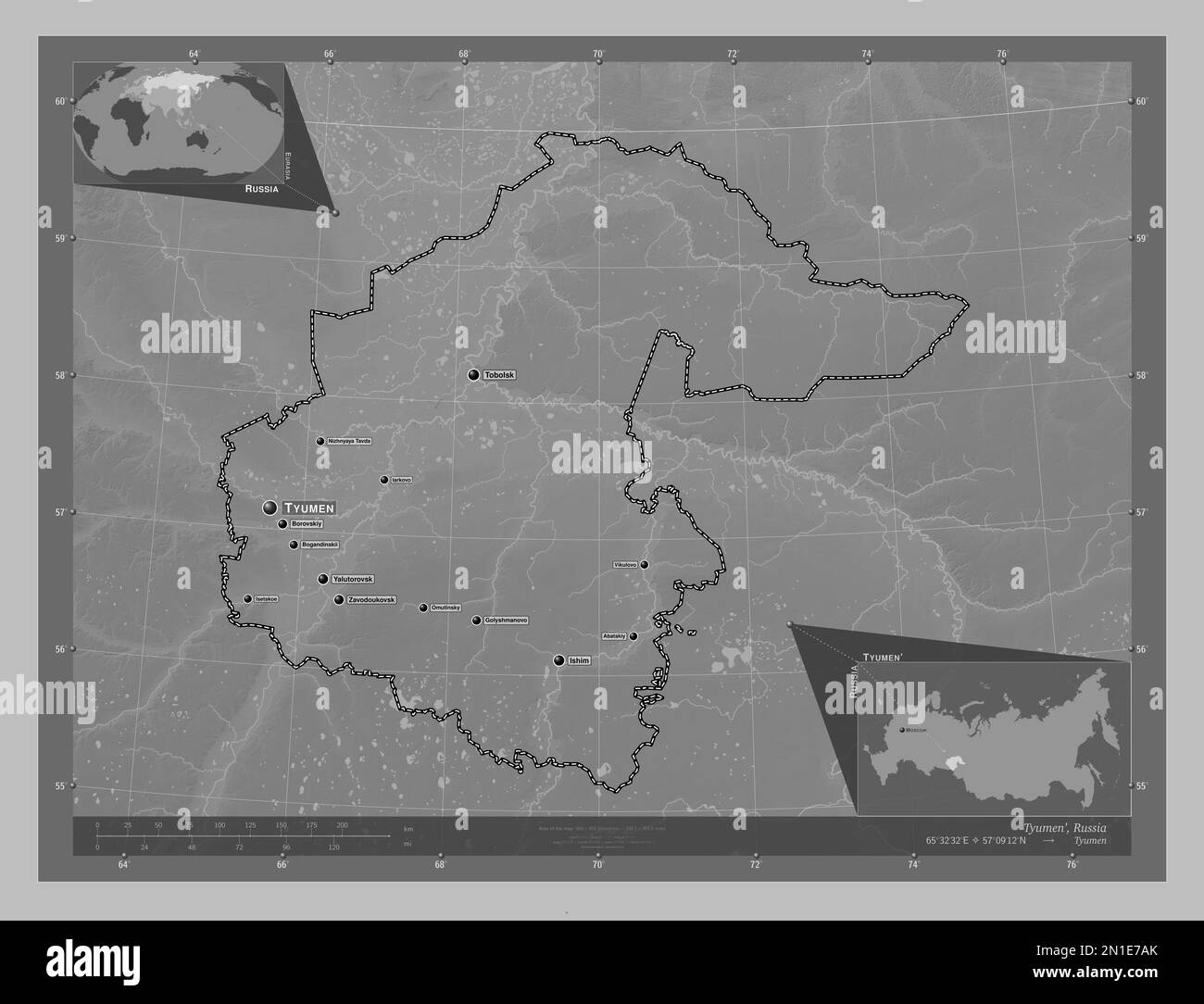 Tyumen', region of Russia. Grayscale elevation map with lakes and ...