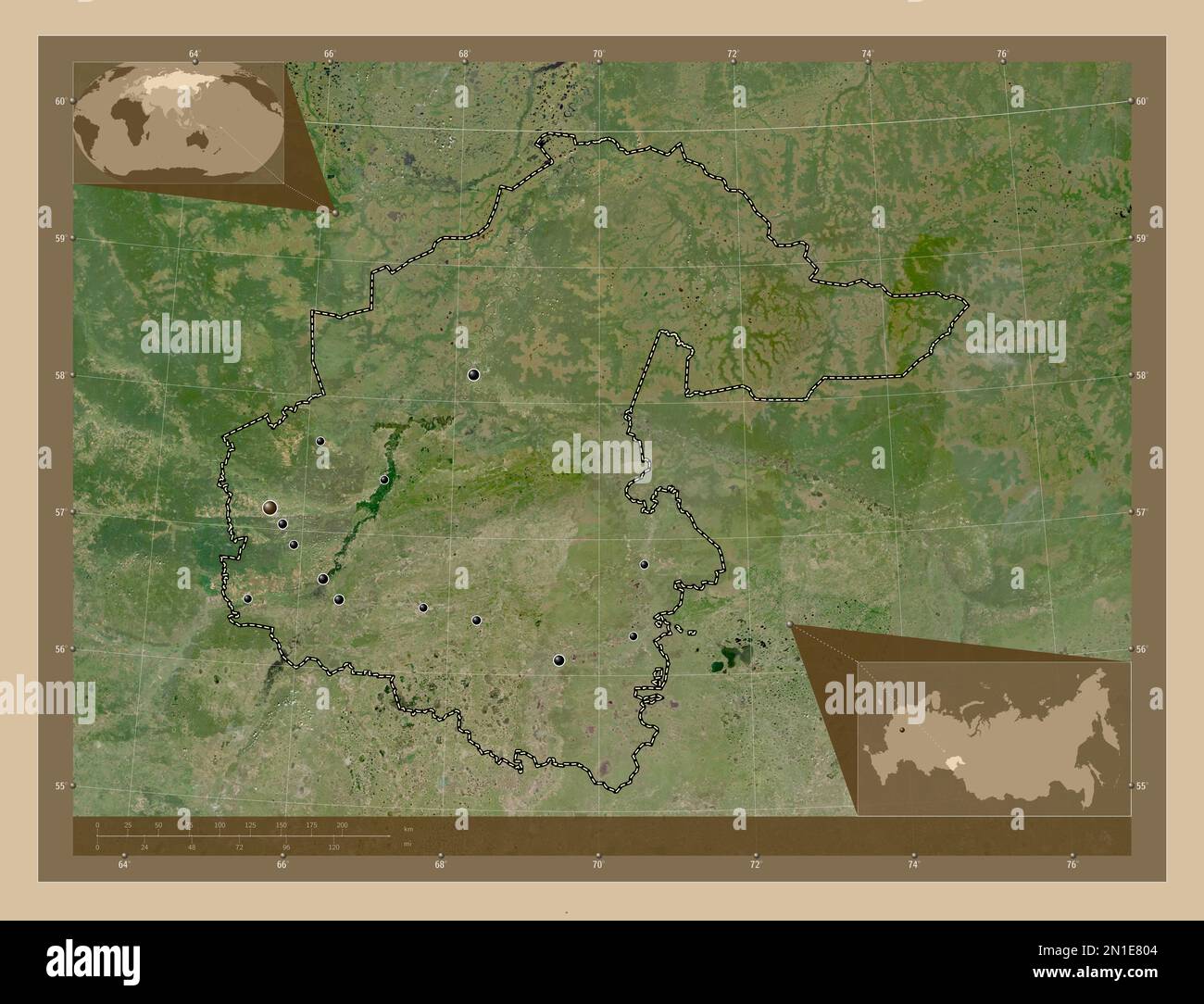 Tyumen', region of Russia. Low resolution satellite map. Locations of ...