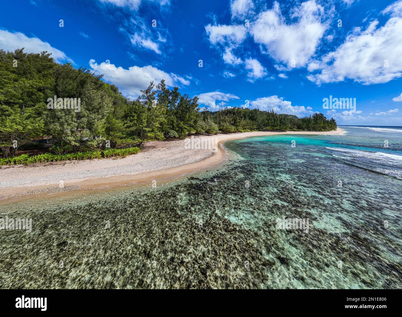 Aerial of a coral sand beach, Rurutu, Austral islands, French Polynesia ...