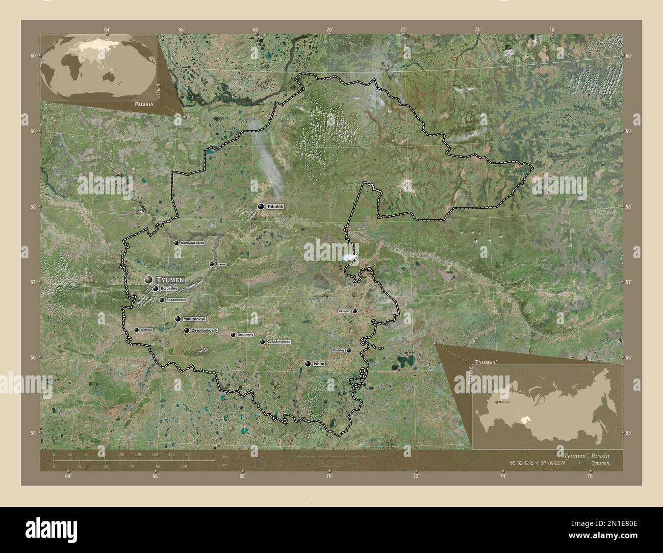Tyumen', region of Russia. High resolution satellite map. Locations and ...
