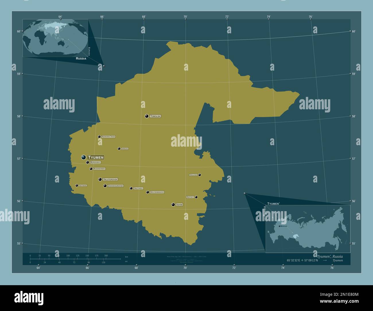 Tyumen', region of Russia. Solid color shape. Locations and names of ...