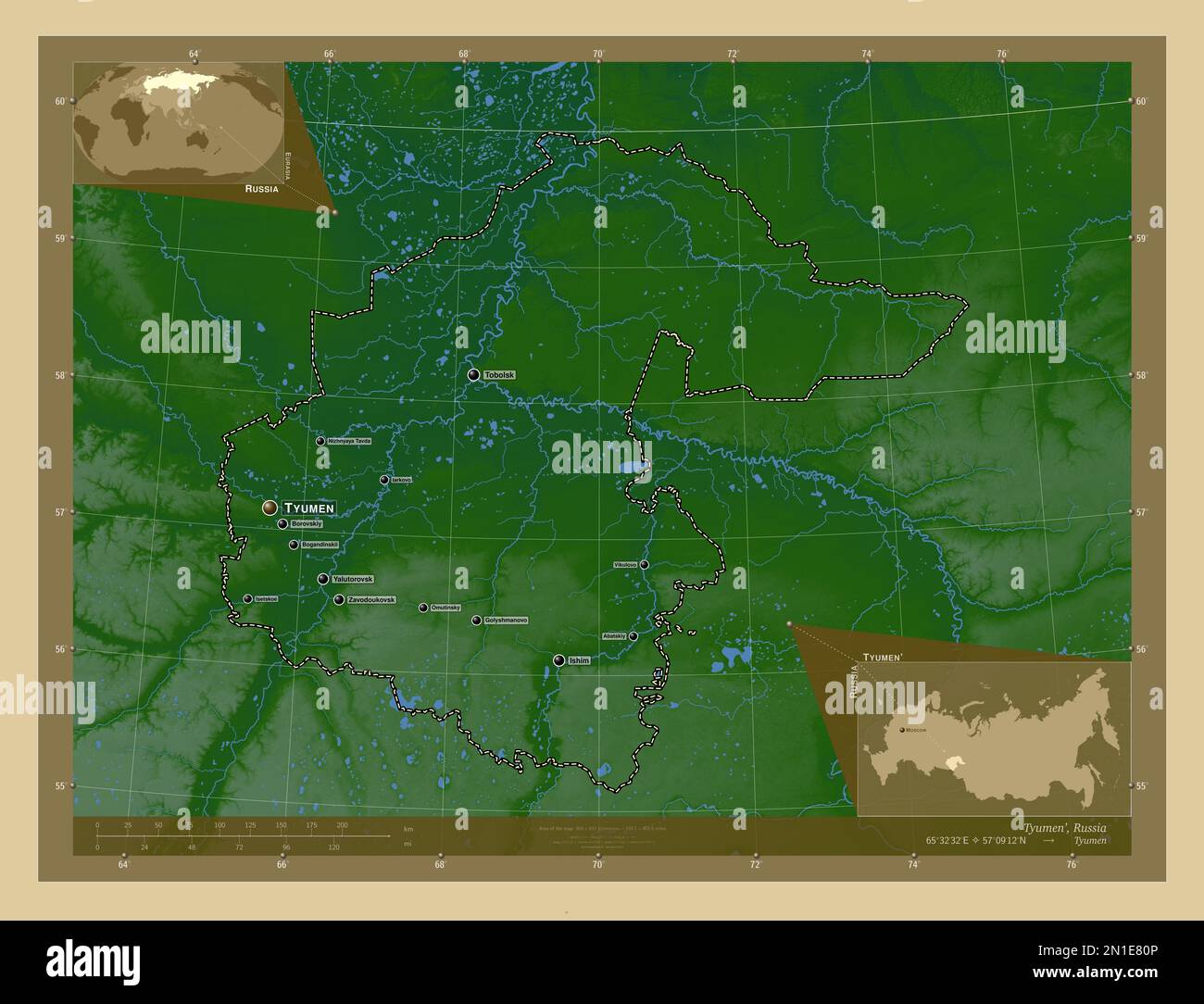 Tyumen', region of Russia. Colored elevation map with lakes and rivers ...