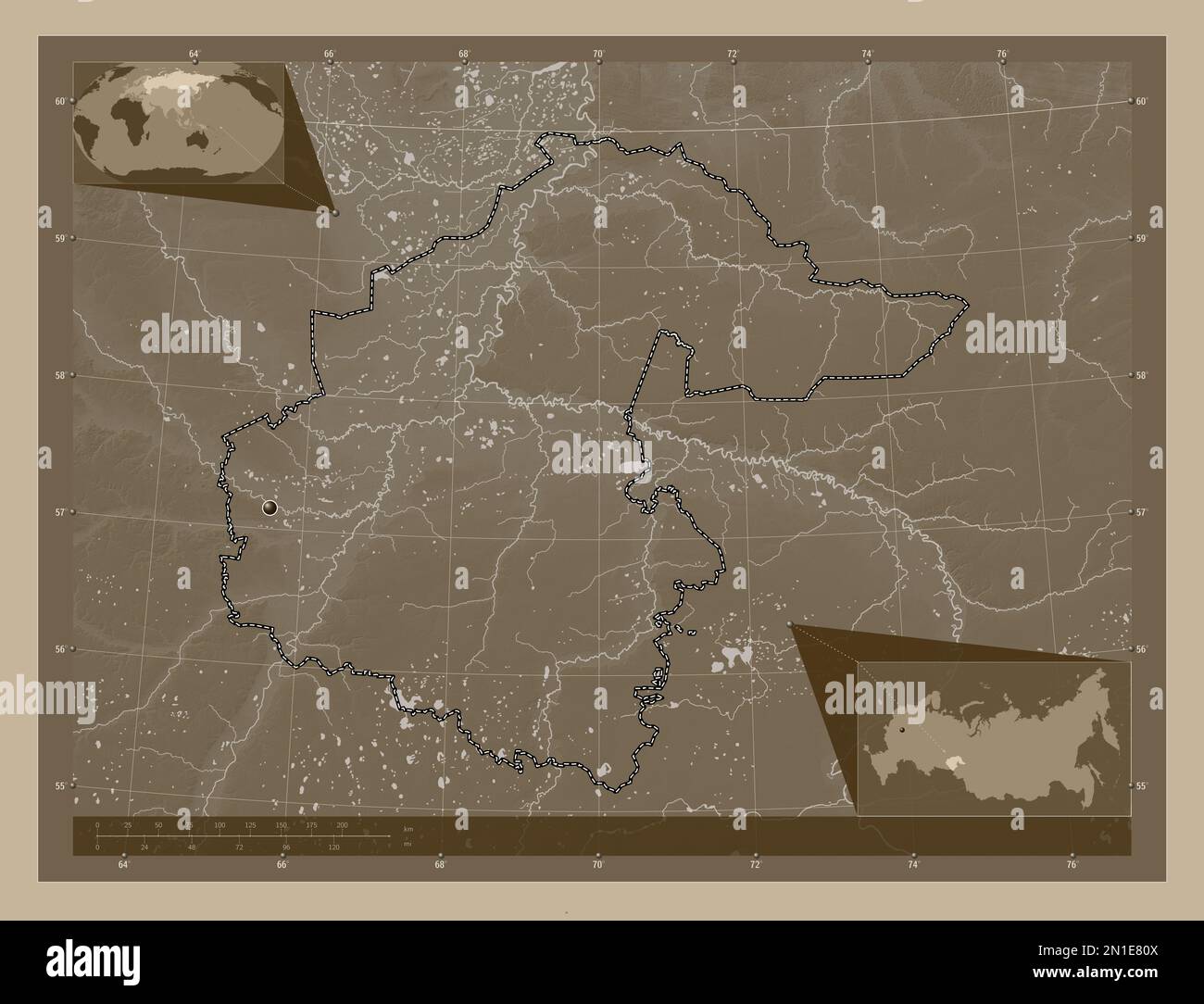 Tyumen', region of Russia. Elevation map colored in sepia tones with ...