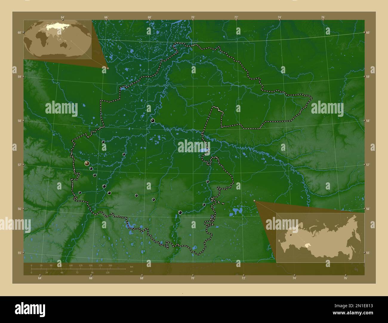 Tyumen', region of Russia. Colored elevation map with lakes and rivers ...