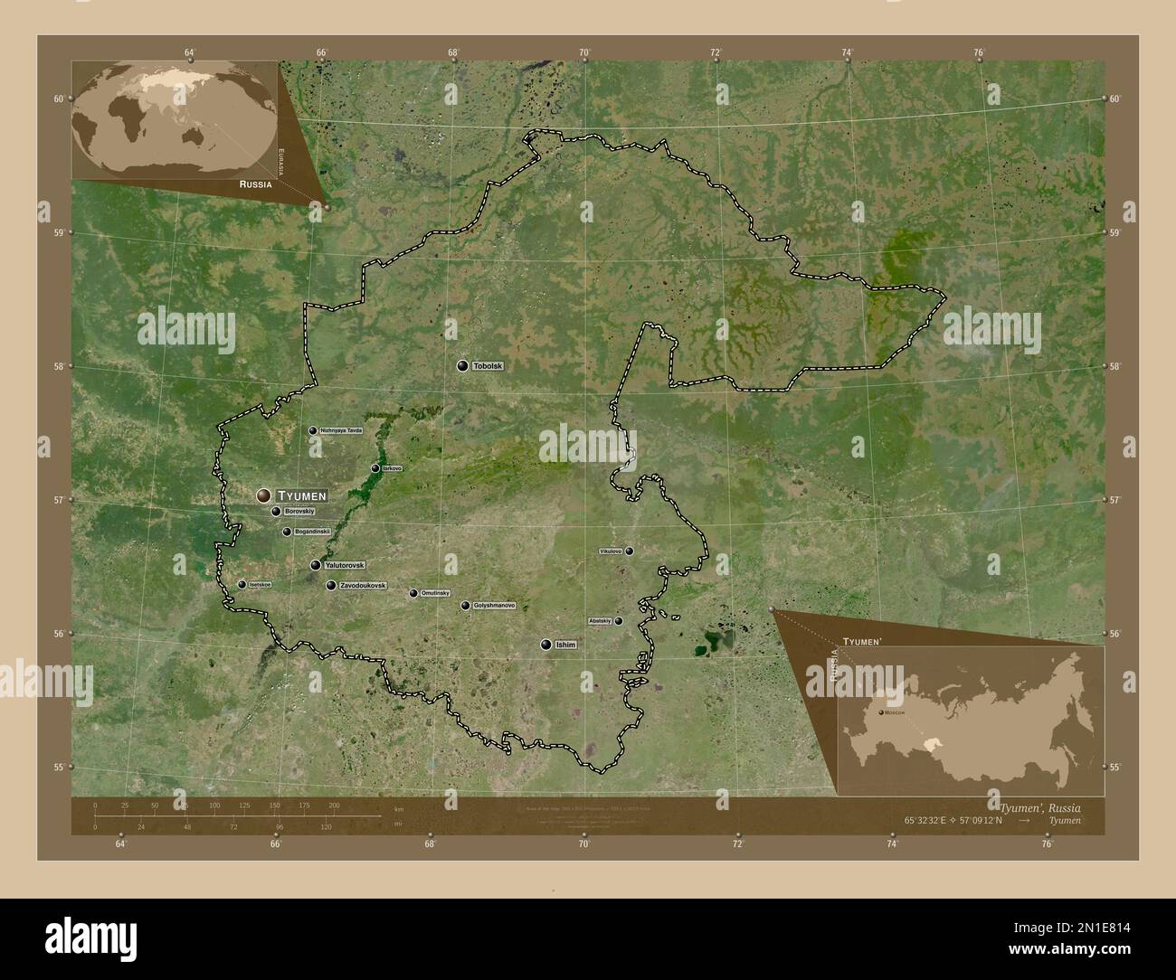 Tyumen', region of Russia. Low resolution satellite map. Locations and ...
