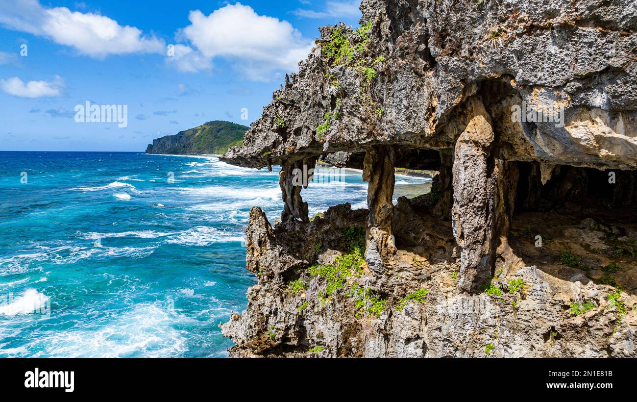 Aerial of La Gueule du Monstre (the Monster's Mouth) cave, Rurutu ...