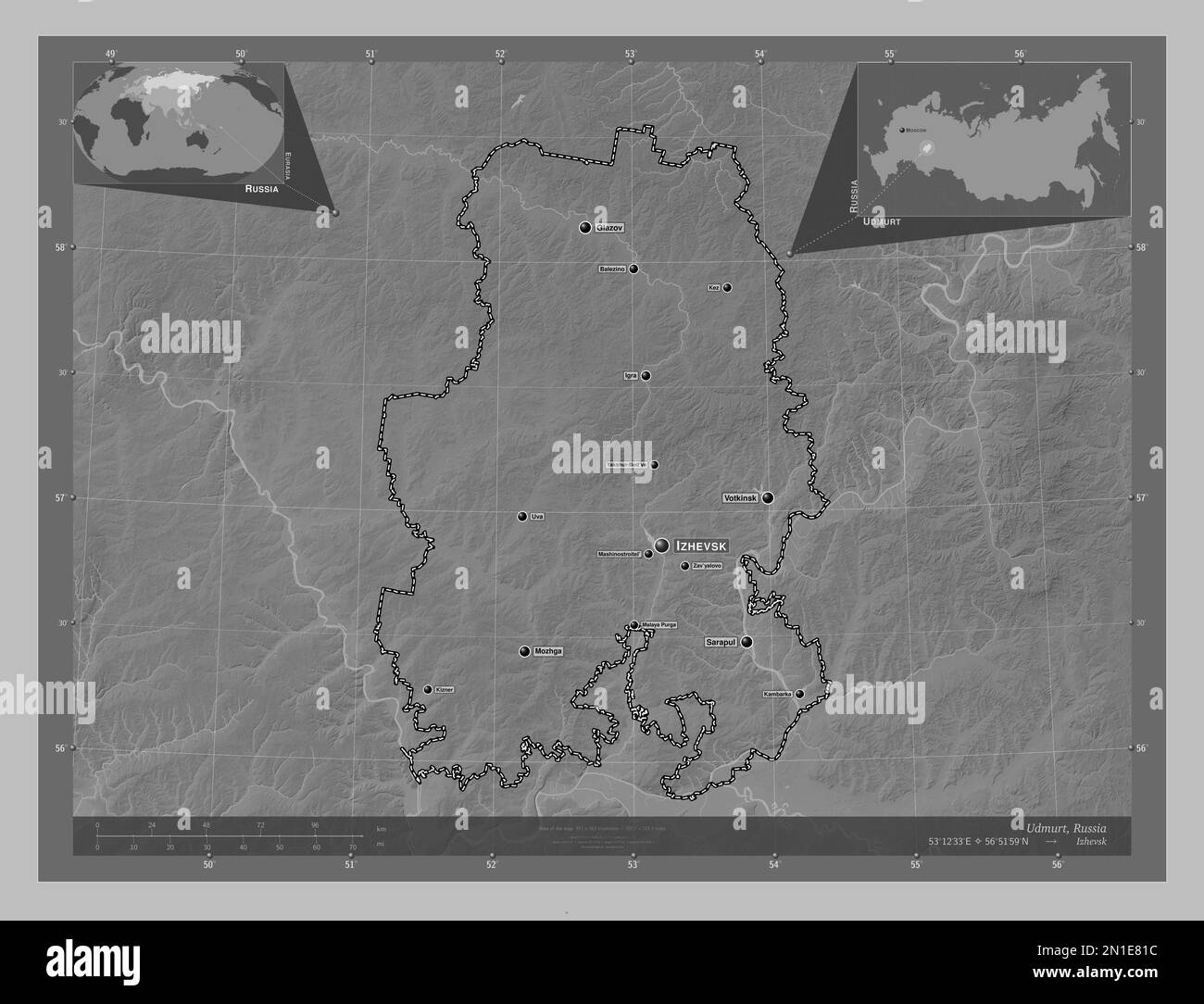 Udmurt, republic of Russia. Grayscale elevation map with lakes and ...