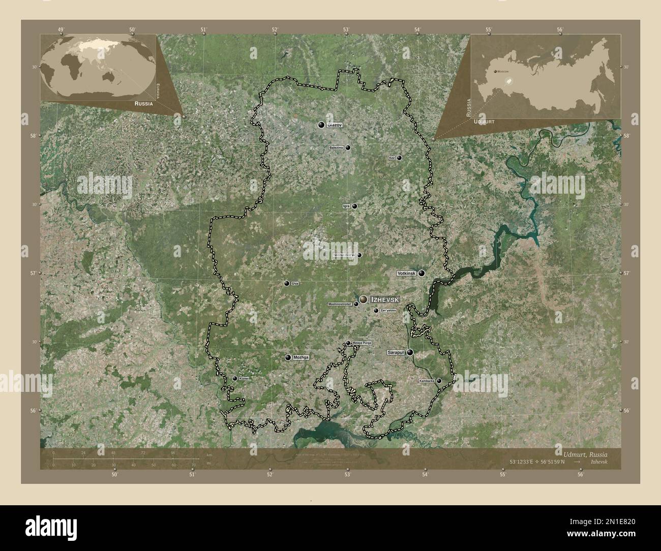 Udmurt, republic of Russia. High resolution satellite map. Locations ...