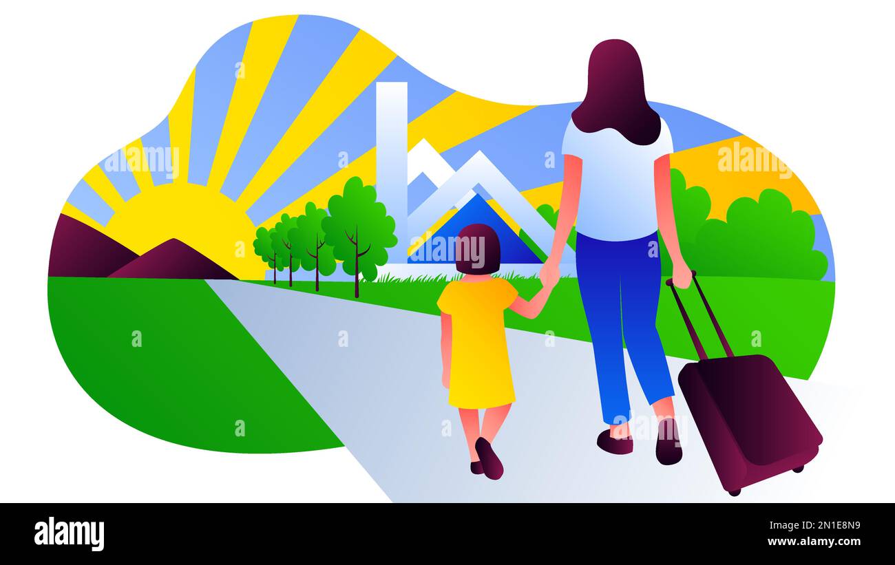 A girl and her mother return home. Vector illustration Stock Vector ...