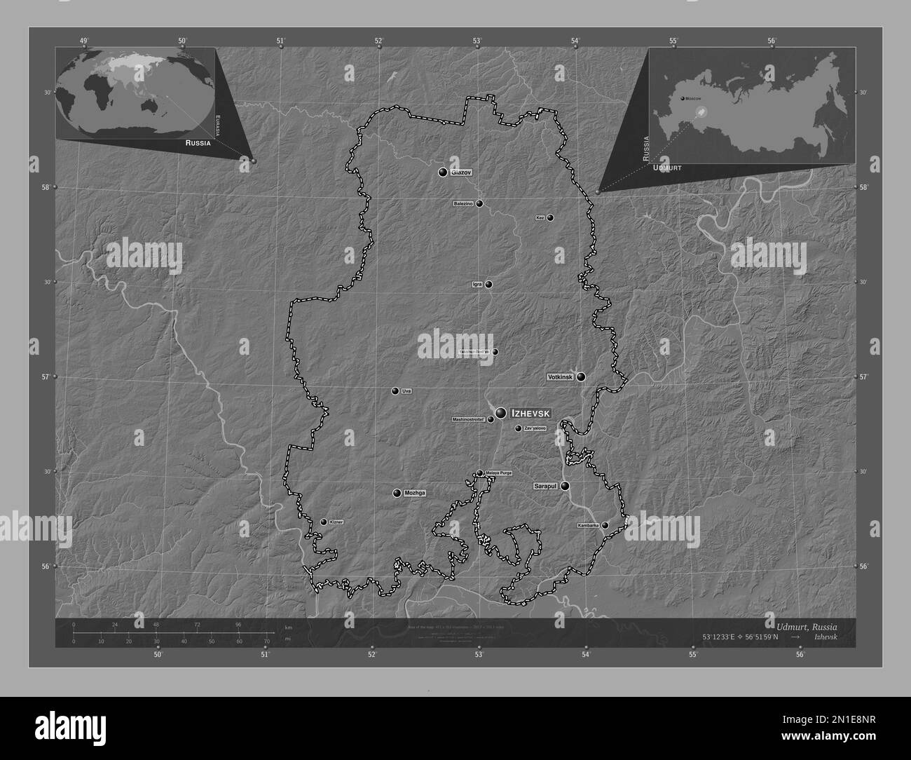 Udmurt, republic of Russia. Bilevel elevation map with lakes and rivers ...