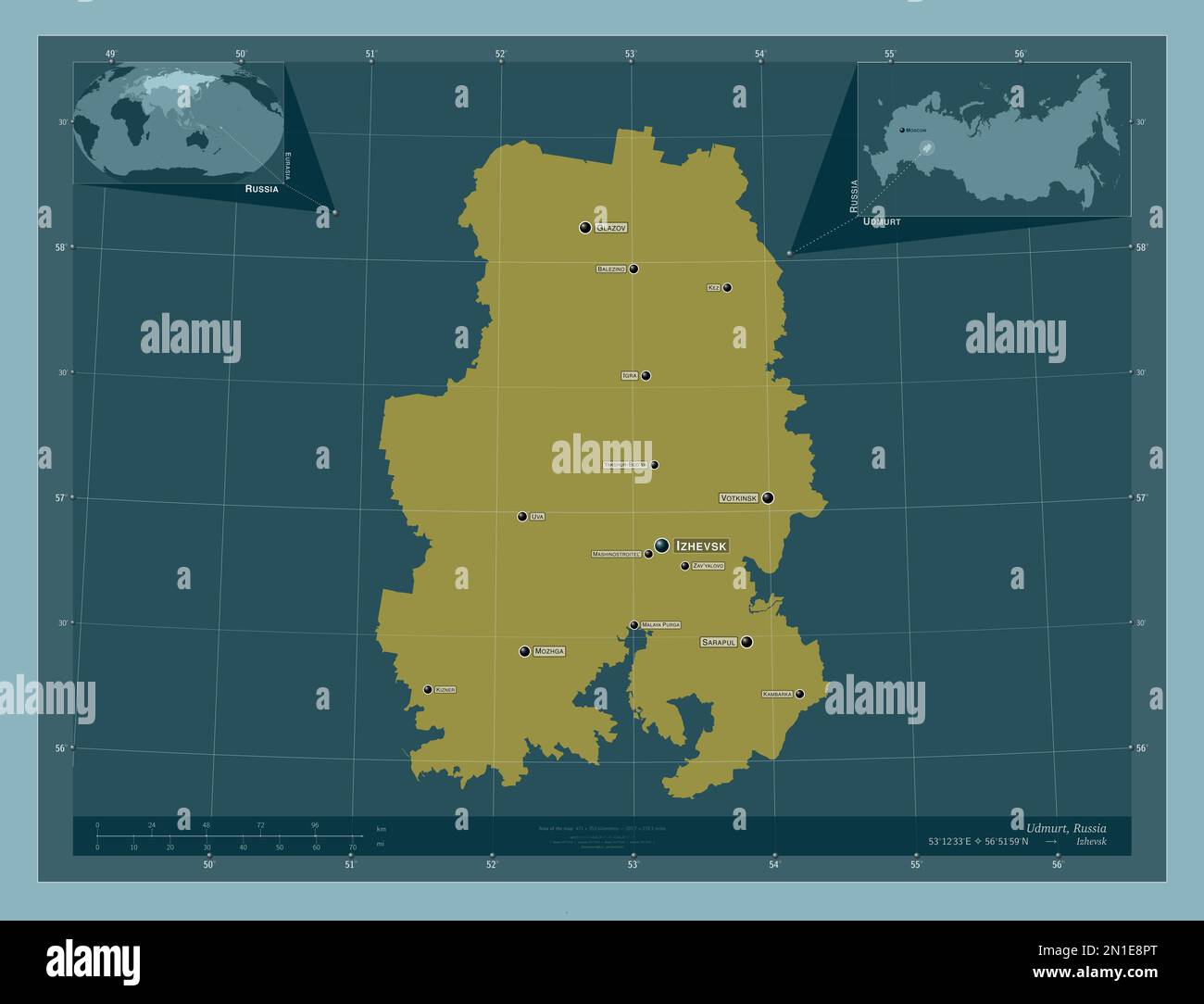 Udmurt, republic of Russia. Solid color shape. Locations and names of ...