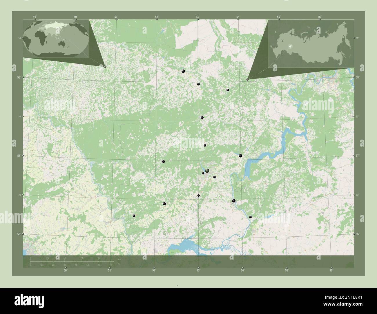 Udmurt, republic of Russia. Open Street Map. Locations of major cities ...