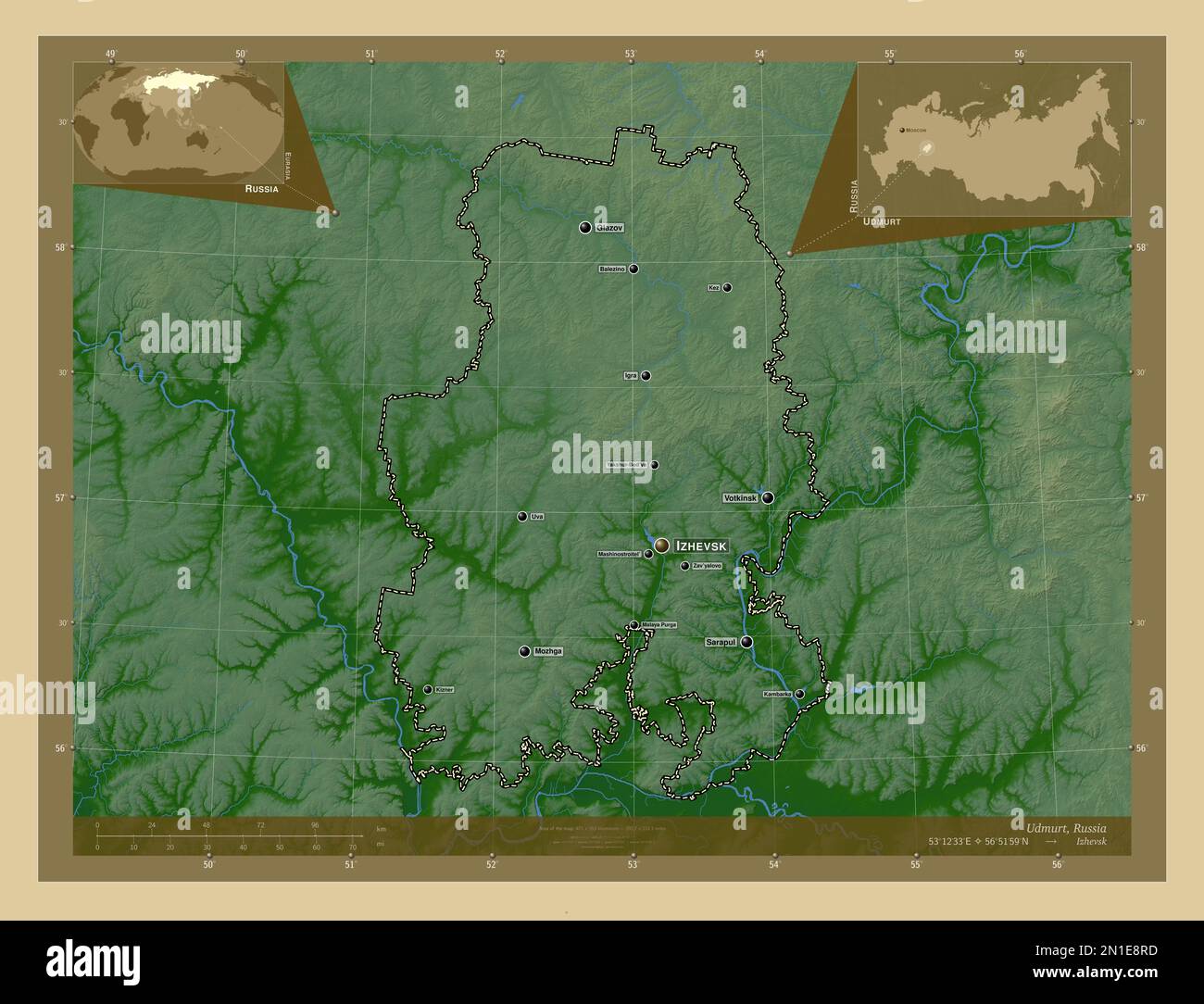 Udmurt, republic of Russia. Colored elevation map with lakes and rivers ...