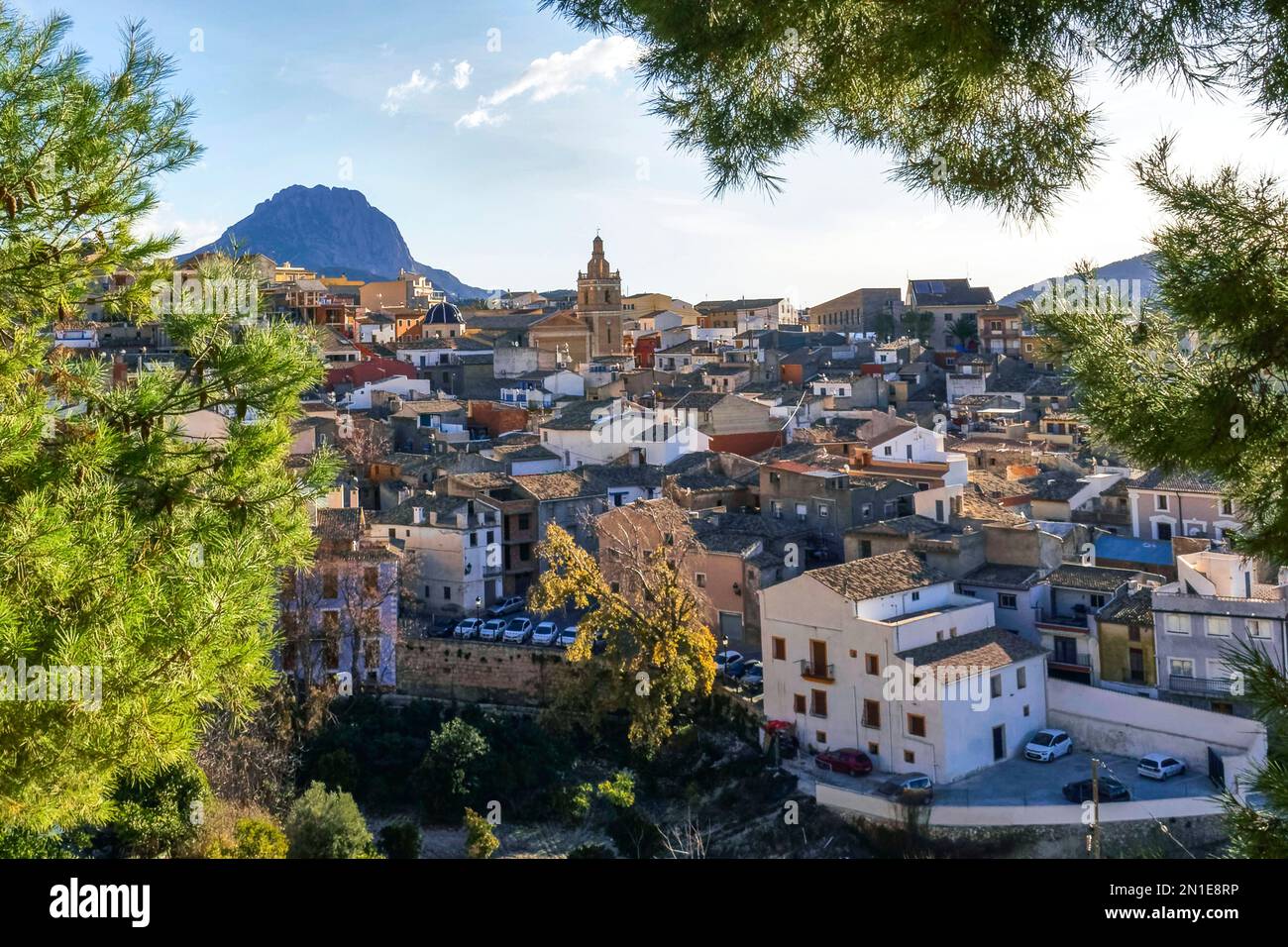 Old town of Relleu with its historic church, old houses and Puig ...