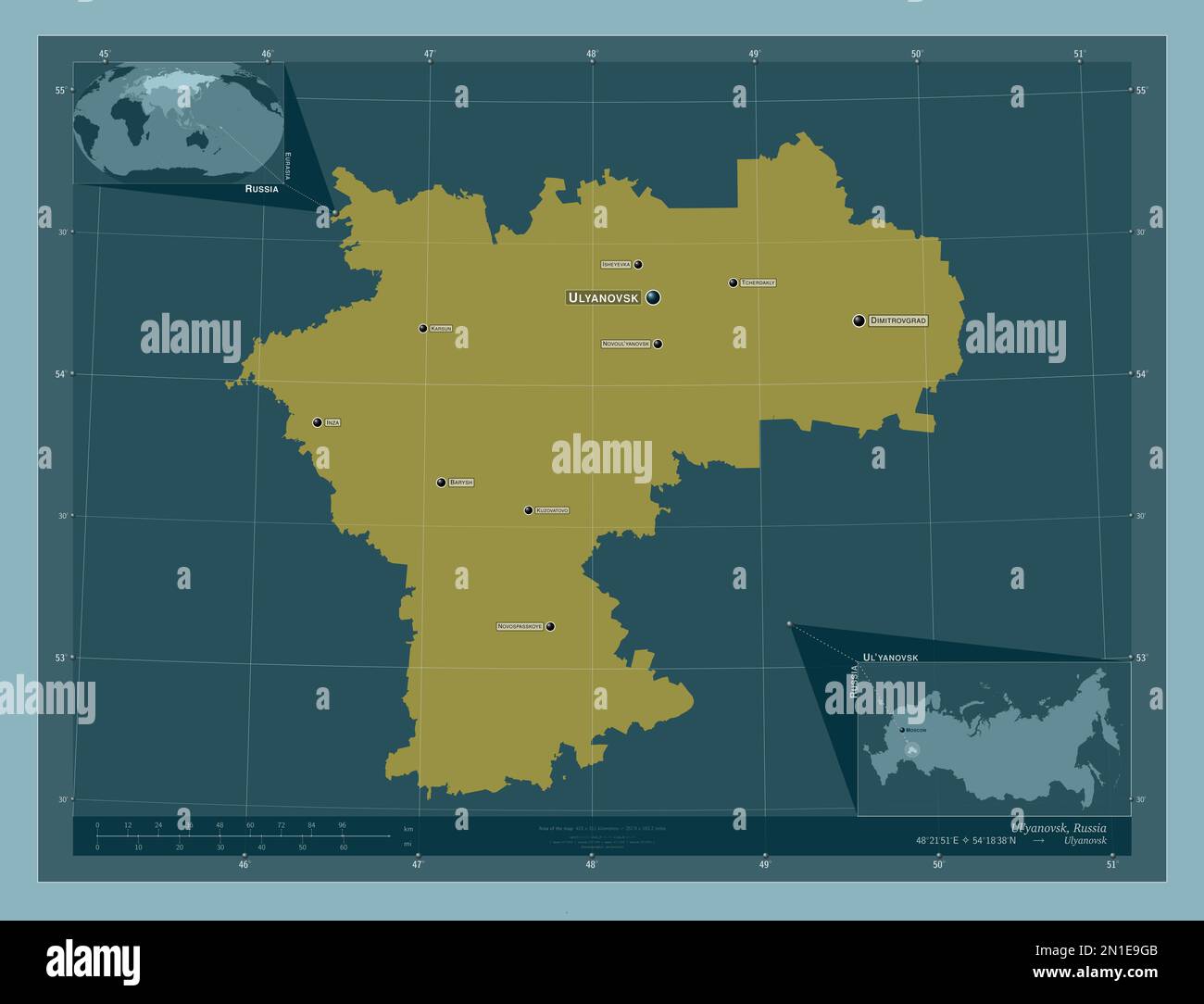 Ul'yanovsk, region of Russia. Solid color shape. Locations and names of ...