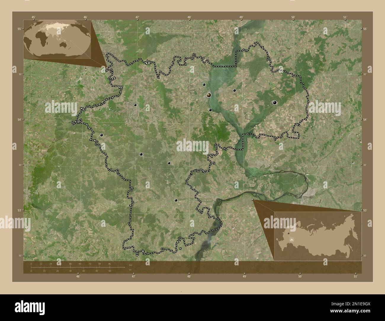 Ul'yanovsk, region of Russia. Low resolution satellite map. Locations ...