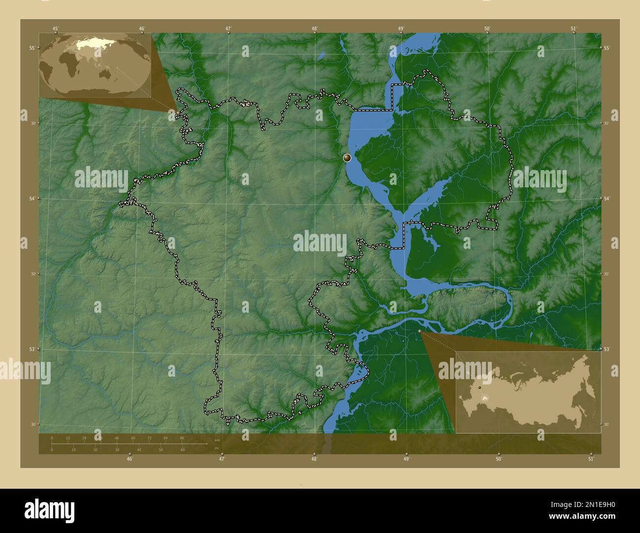 Ul'yanovsk, region of Russia. Colored elevation map with lakes and ...