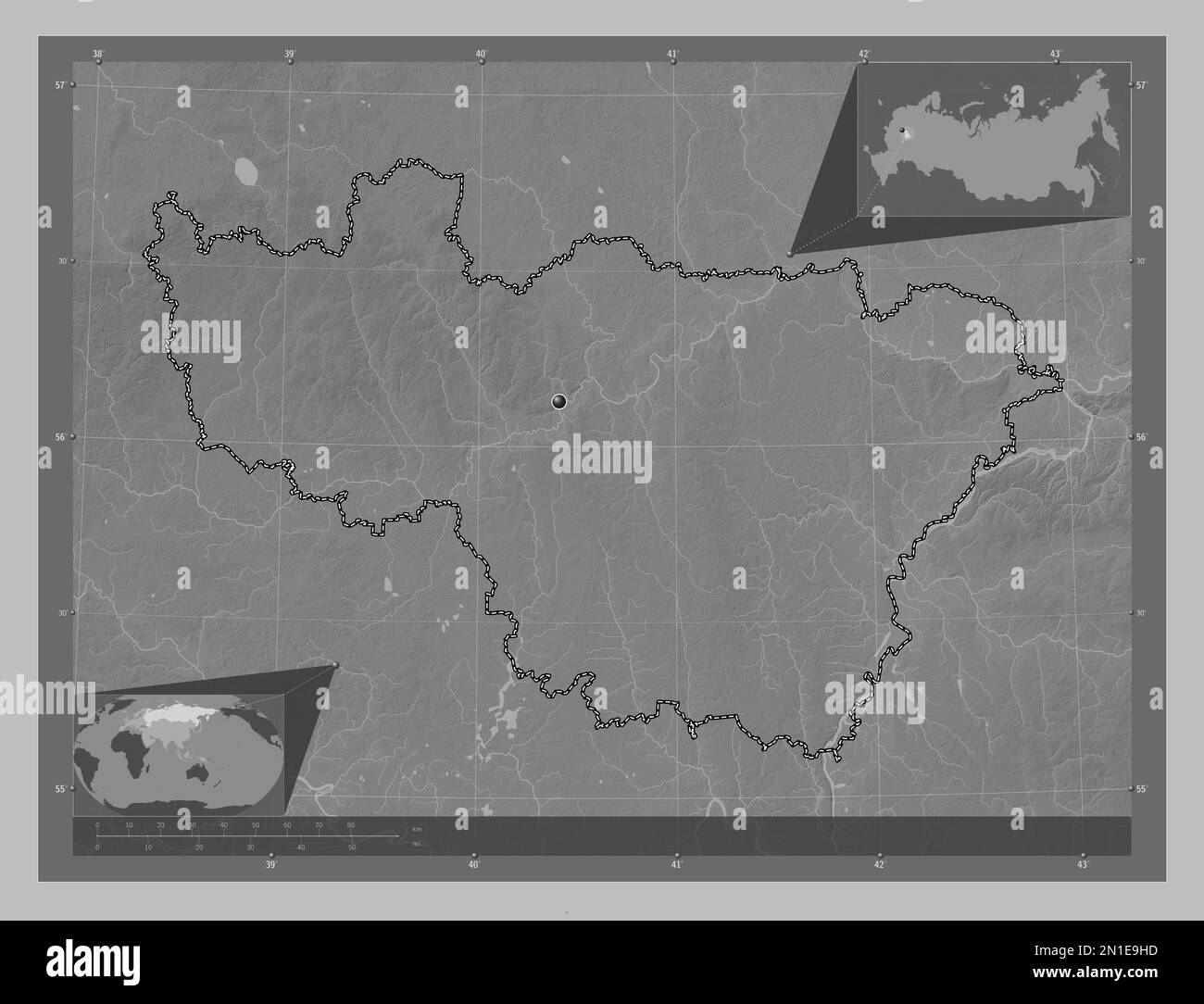 Vladimir, region of Russia. Grayscale elevation map with lakes and ...